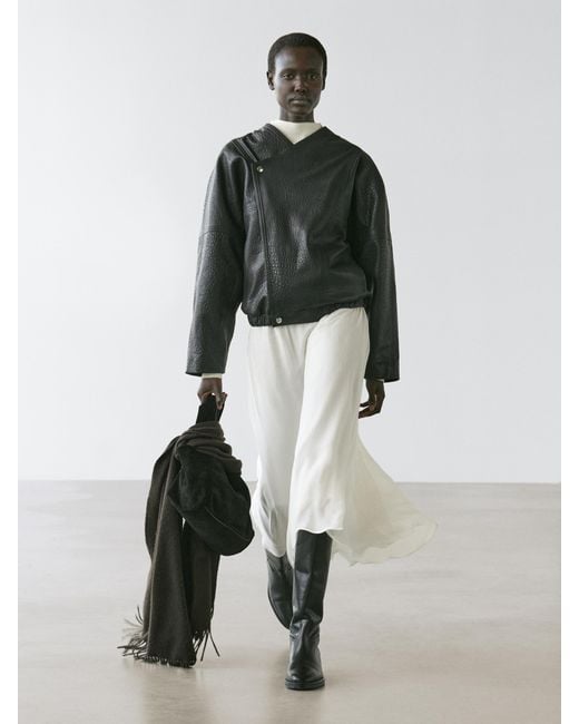 MASSIMO DUTTI Leather Bomber Jacket in White | Lyst UK