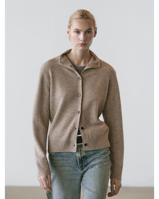 MASSIMO DUTTI Wool High Neck Knit Cardigan in Natural | Lyst UK