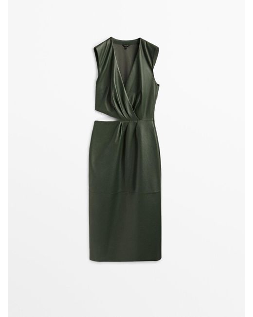 Massimo Dutti Long Nappa Leather Dress With Slit In Green Lyst
