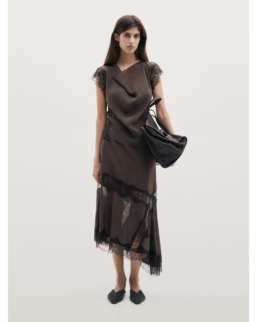 MASSIMO DUTTI Flowing Asymmetric Midi Skirt With Lace Detail in White ...