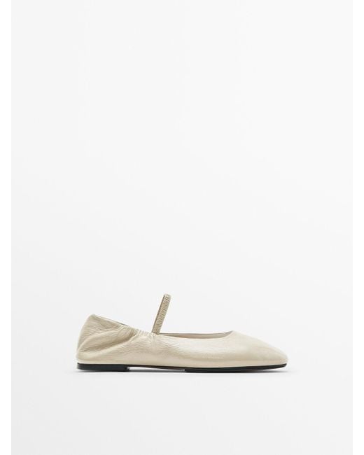 Massimo Dutti Leather Ballet Flats With Elastic Strap In White Lyst