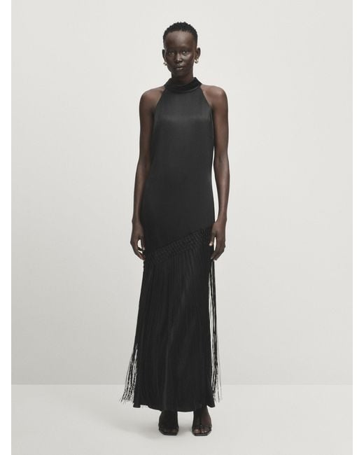 MASSIMO DUTTI Satin Halter Dress With Fringing in Black | Lyst