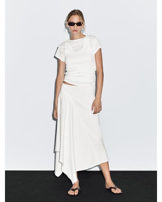 MASSIMO DUTTI Asymmetric Denim Midi Skirt in White | Lyst