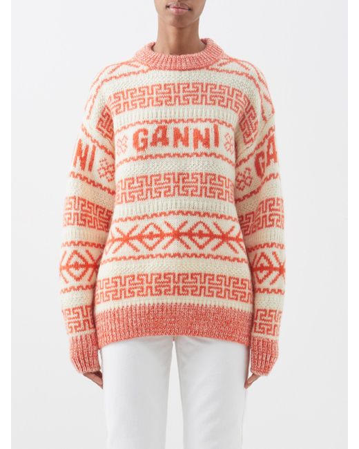 Ganni Logo-jacquard Organic-wool Sweater in Orange White (White) | Lyst Ganni Logo-jacquard Organic-wool Sweater in Orange White (White) | Lyst
