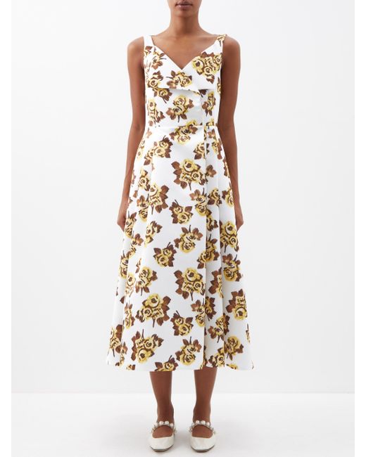Emilia Wickstead Ellison Floral Print Pleated Satin Dress In White Lyst