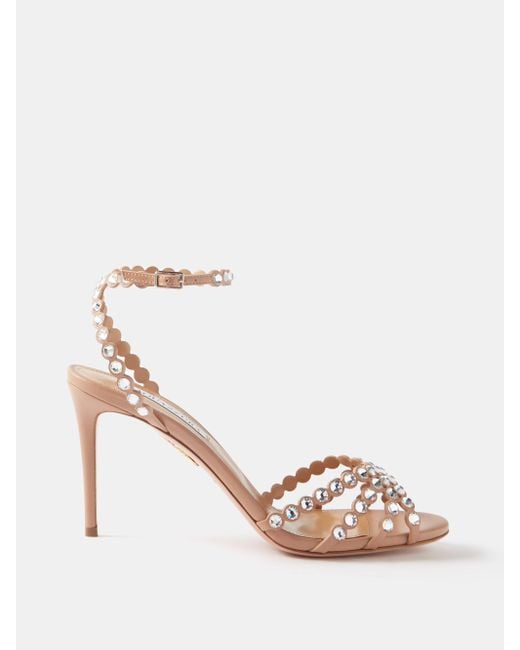 Aquazzura Tequila 85 Crystal Embellished Leather Sandals In Natural Lyst