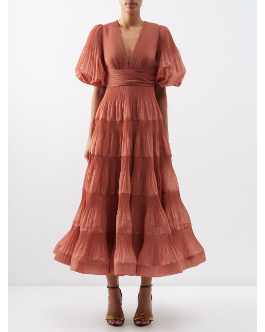 Zimmermann Technical-pleated Puff-sleeve Midi Dress in Red | Lyst Zimmermann Technical-pleated Puff-sleeve Midi Dress in Red | Lyst
