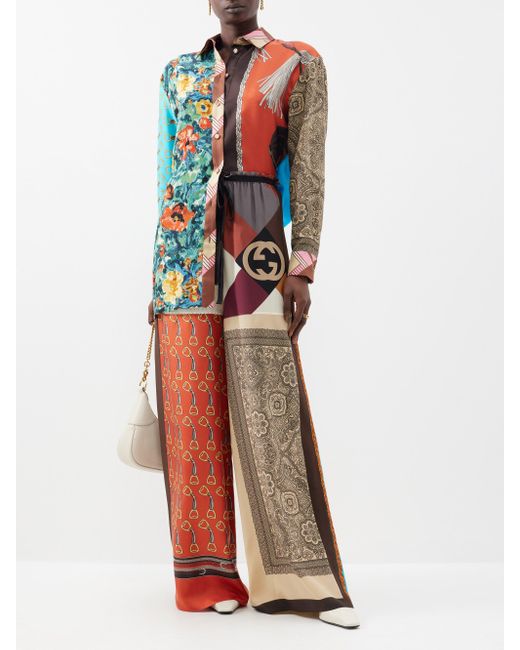 Gucci Heritage Patchwork-print Silk Shirt in Blue | Lyst