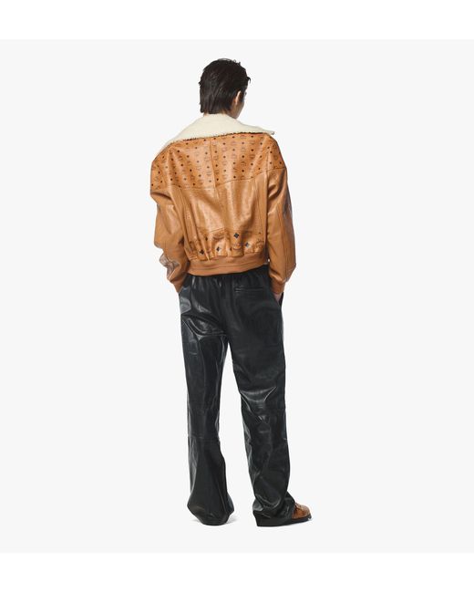 MCM Shearling Bomber Jacket In Visetos Leather Mix in Brown for Men | Lyst