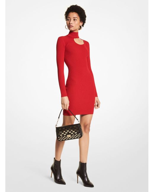 Michael Kors Synthetic Ribbed Stretch Viscose Cutout Dress In Crimson