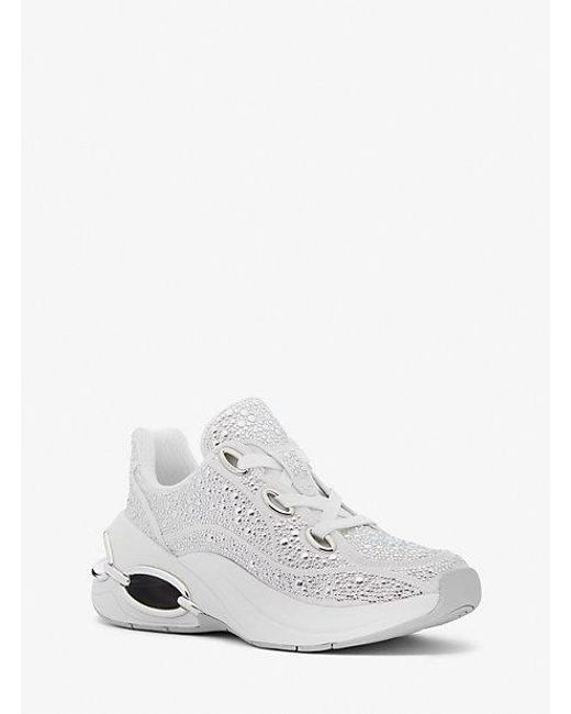 Michael Kors Mk Toni Embellished Linen Blend Trainer in White | Lyst