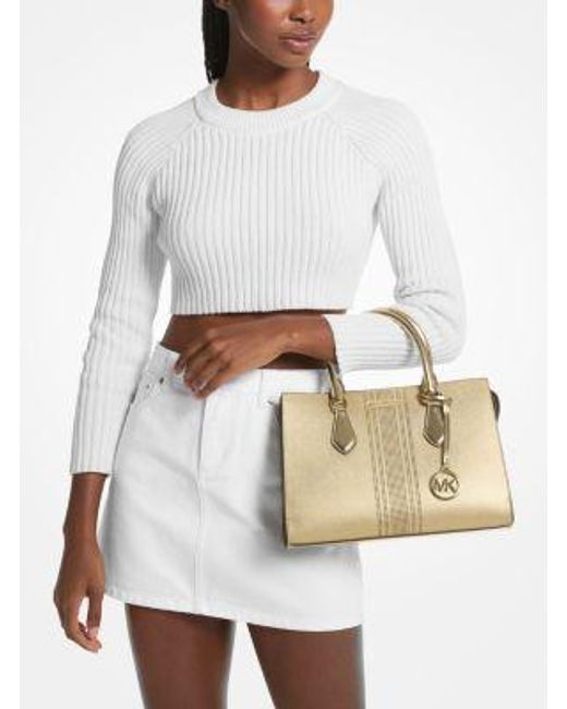 Michael Kors Sheila Medium Metallic Satchel in Natural | Lyst