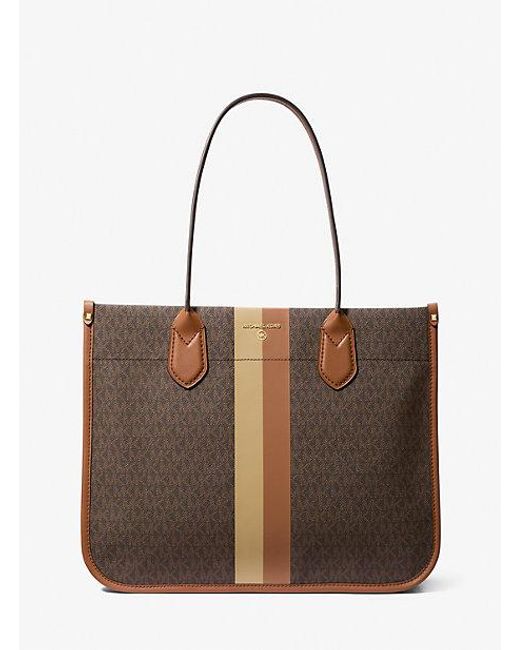 Michael Kors Heidi Large Stripe Signature Logo Tote Bag in Brown | Lyst