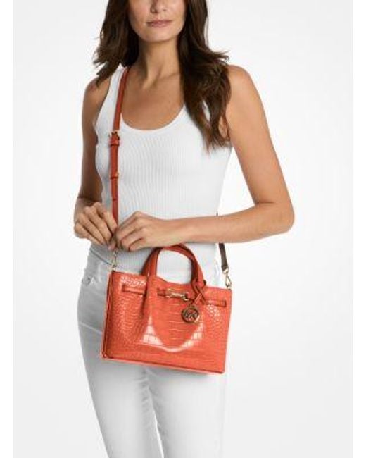 Michael Kors Carson Small Crocodile Embossed Satchel in Red | Lyst