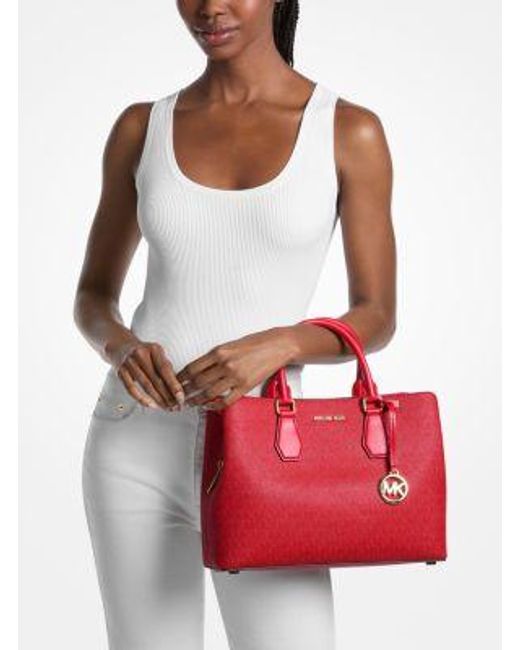 Michael Kors Camille Large Signature Logo Satchel in Red | Lyst
