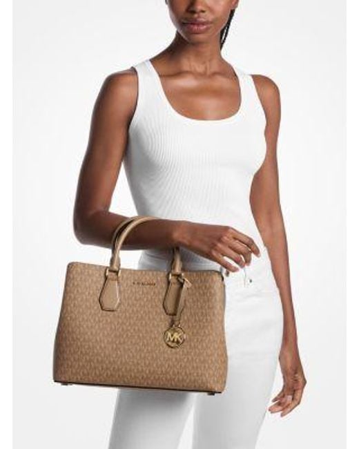 Michael Kors Camille Large Signature Logo Satchel in Natural | Lyst