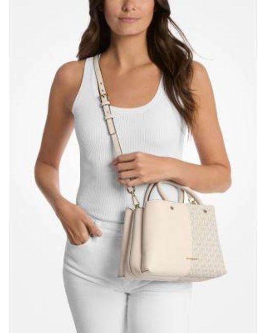 Michael Kors Flora Medium Signature Logo And Leather Satchel in Natural | Lyst