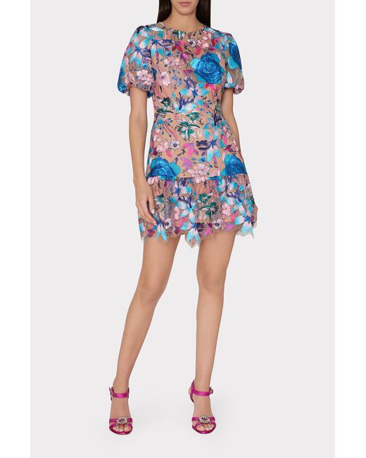 MILLY Yasmin Fall Floral Embroidered Dress in Blue | Lyst