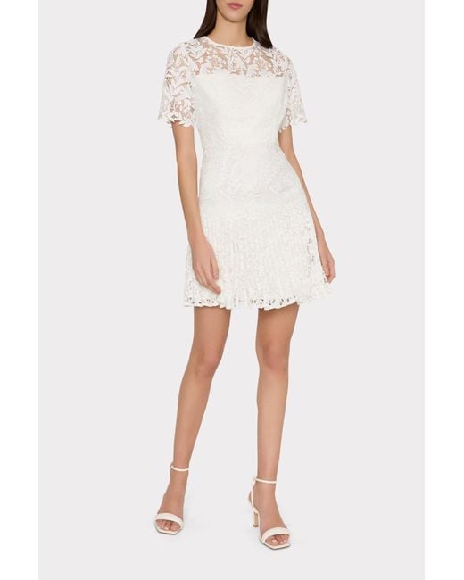 MILLY Nikoletta Mixed Laces Pleated Mini Dress in White | Lyst