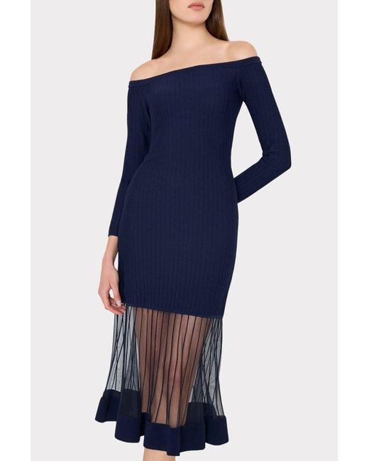 MILLY Off The Shoulder Sheer Knit Midi Dress in Blue | Lyst