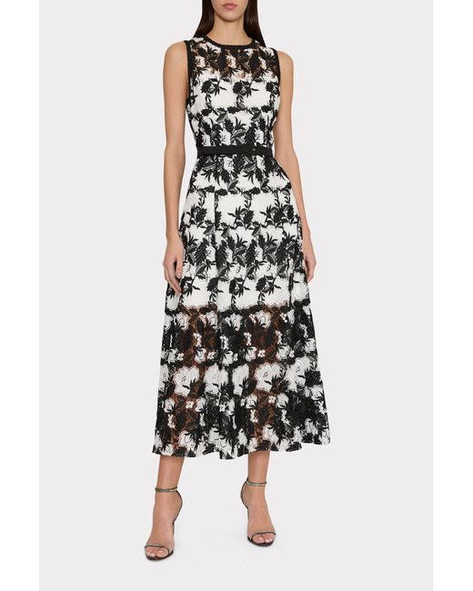 MILLY Paloma Two Tone Lace Midi Dress in White | Lyst