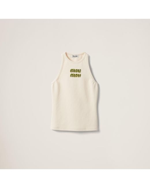 Miu Miu Ribbed Jersey Top With Embroidered Logo in Natural | Lyst