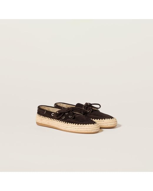 Miu Miu Suede And Raffia Boat Shoes in Brown | Lyst