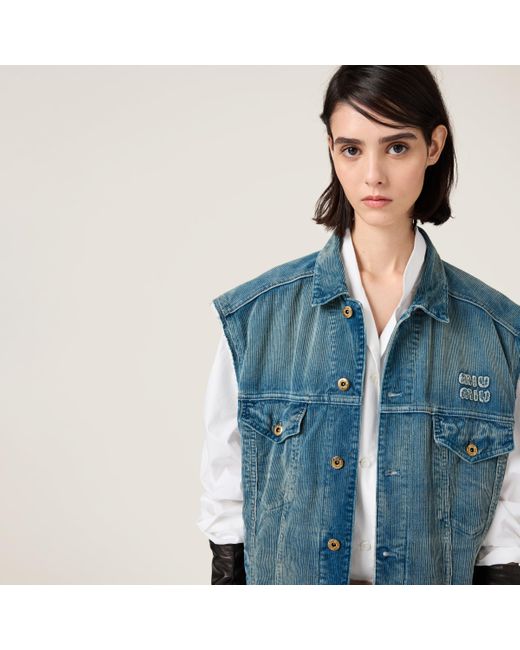 Miu Miu Washed Corduroy Vest in Blue | Lyst