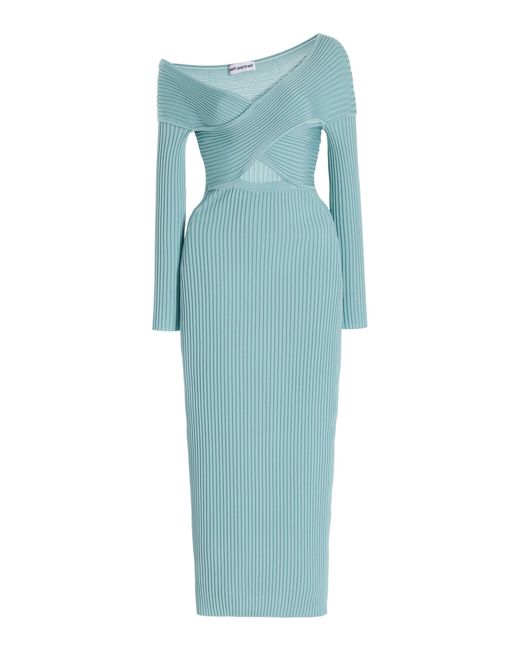 Self-Portrait Ribbed-knit Off-the-shoulder Midi Dress in Blue | Lyst