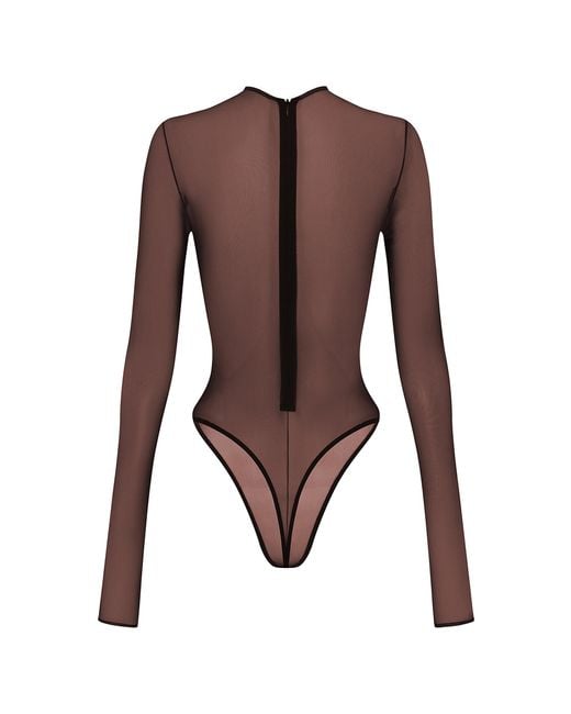Alex Perry Sheer Mesh Bodysuit in Brown | Lyst