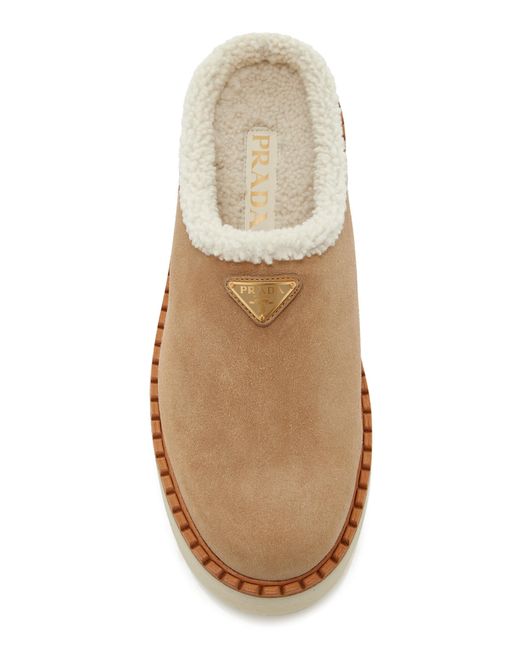 Prada Shearling Platform Mules in Natural | Lyst