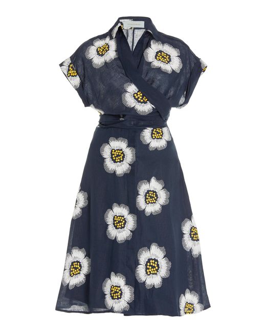 Silvia Tcherassi Paloma Floral Embroidered Linen Midi Dress In Navy