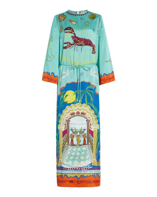 ALÉMAIS Surrealist Summer Silk Satin Midi Dress in Green | Lyst