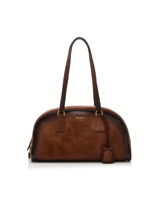 Prada Medium Suede Bowling Bag in Brown | Lyst UK
