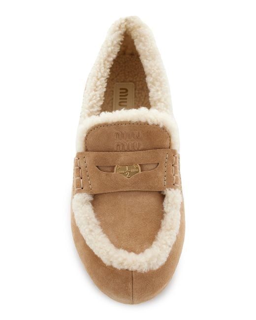 Miu Miu Shearling Penny Loafers in White | Lyst