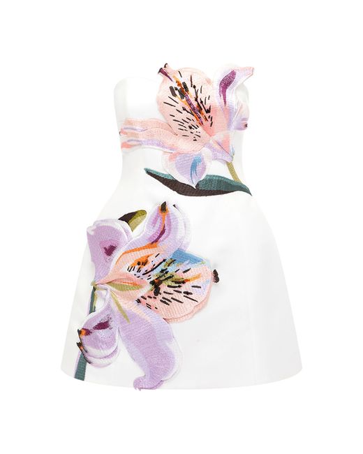 LEO LIN Rosario Floral-Appliquéd Crepe Mini Dress in White | Lyst