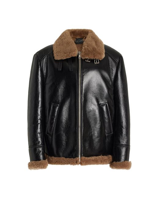 Prada Shearling Leather Bomber Jacket in Black | Lyst