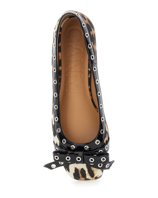Ganni Ballet Flats With Eyelets And All-Over Leopard Print in Black | Lyst