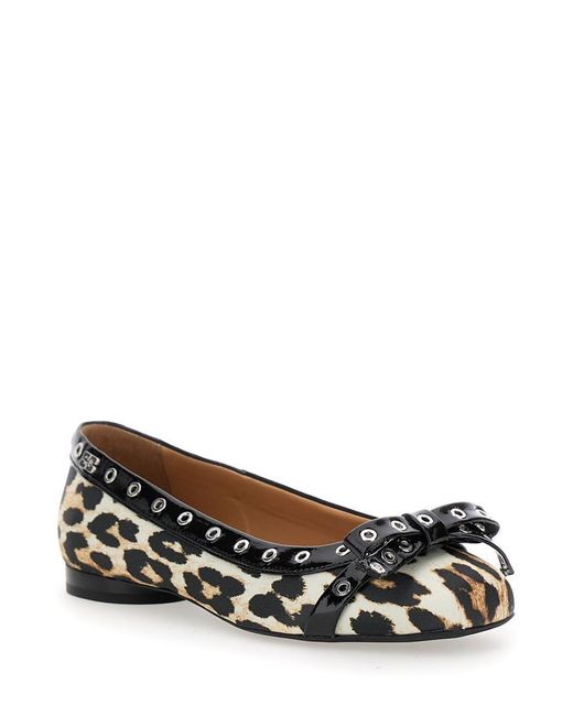 Ganni Ballet Flats With Eyelets And All-Over Leopard Print in Black | Lyst