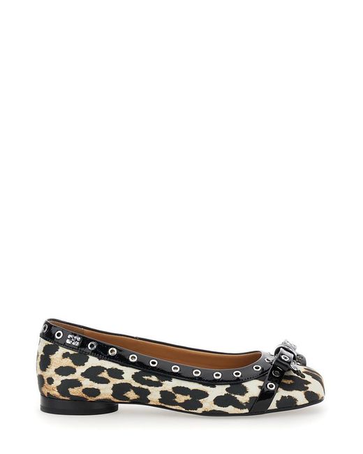 Ganni Ballet Flats With Eyelets And All-Over Leopard Print in Black | Lyst