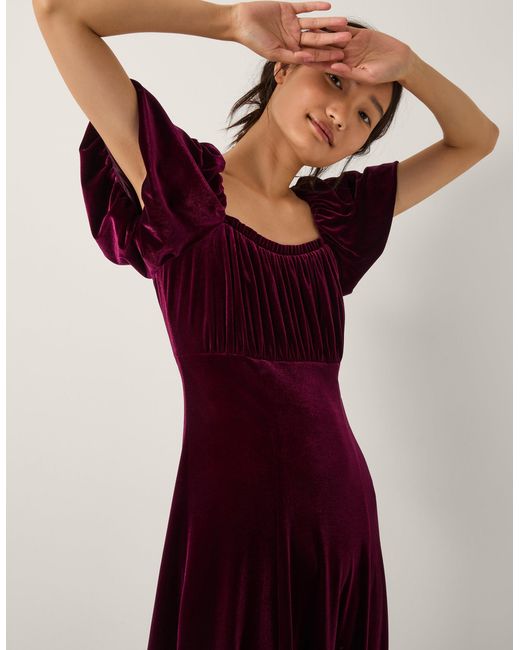 Monsoon Cynthia Puff Sleeve Velvet Midi Dress Red | Lyst UK