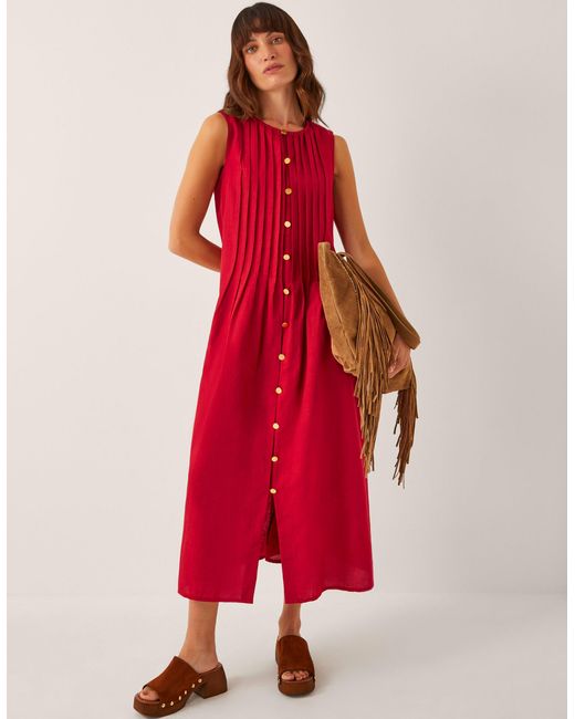 Monsoon Monica Linen Pleated Midi Dress in Red | Lyst UK