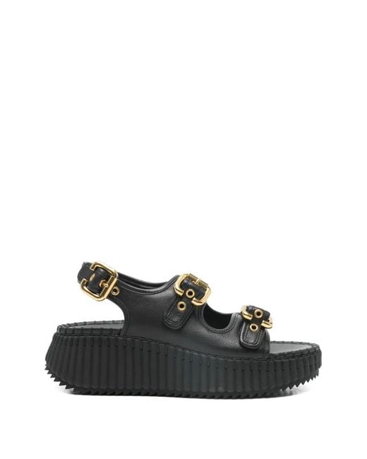 Chloé Nama Leather Wedge Sandals in Black | Lyst UK