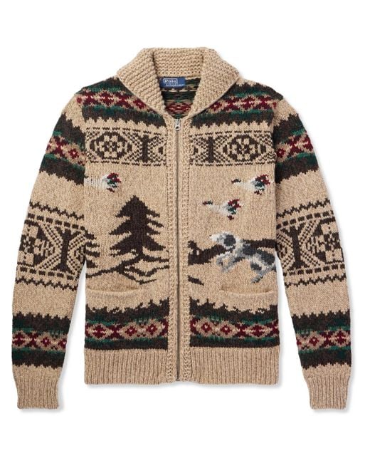 Polo Ralph Lauren Shawl-collar Jacquard-knit Wool-blend Zip-up Cardigan in Brown for Men | Lyst