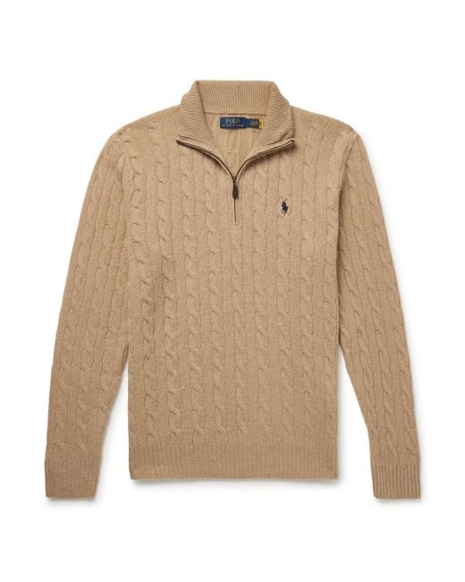 Polo Ralph Lauren Logo-Embroidered Cable-Knit Wool And Cashmere-Blend Half-Zip Sweater in ...
