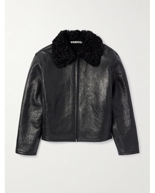 Acne Studios Shearling-Trimmed Cracked-Leather Jacket in Black for Men | Lyst UK
