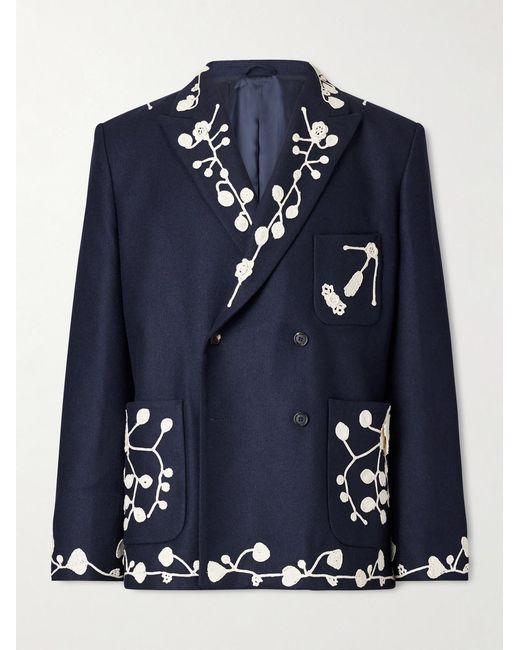 Bode Snowdrop Double-Breasted Appliquéd Wool-Blend Suit Jacket in Blue ...