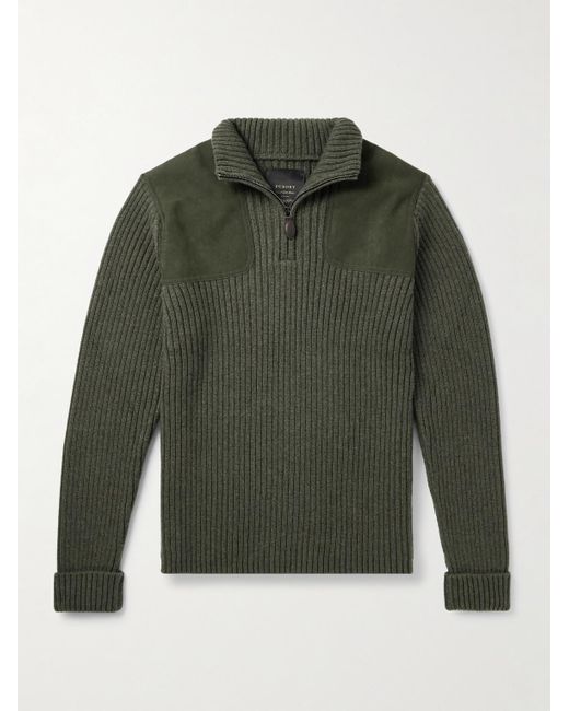 James Purdey & Sons Commando Suede-Trimmed Ribbed Wool Half-Zip Sweater ...