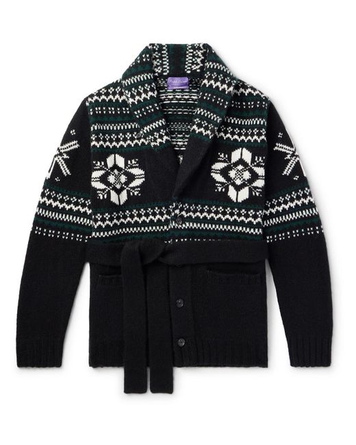 Ralph Lauren Shawl-collar Belted Jacquard-knit Cashmere Cardigan in Black for Men | Lyst