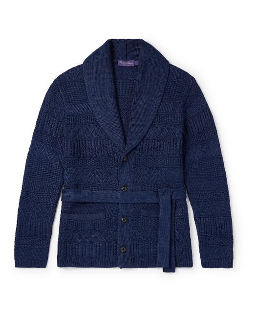 Ralph Lauren Shawl-collar Belted Cable-knit Silk And Cotton-blend Cardigan in Blue for Men | Lyst